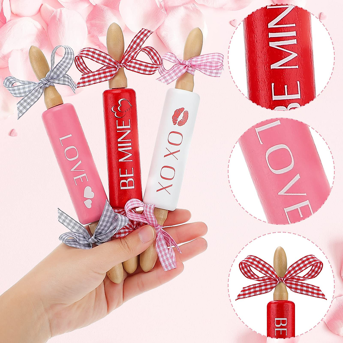 CHENGU Valentines Tiered Tray Decor 3 Pieces Valentine's Day Rolling Pin Decor Farmhouse Handmade Decor Tiered Tray Decoration Wood Rolling Pin Farmhouse Valentine's Day Decor (Romantic Style)