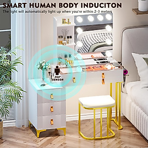 Gurexl Vanity Desk with Wireless Charging Station, Dressing Table with Lighted Mirror & 3 Lighting Modes Adjustable Brightness, Glass Top Makeup Vanity Table Set with 6 Drawers & Stool