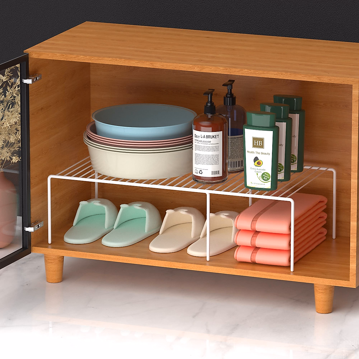 iPEGTOP Expandable Freezer Cabinet Storage Shelf, 2 Pieces Rustproof Spice Rack, Adjustable Kitchen Organizer Counter Fridge Pantry Shelf Space Saver (White)