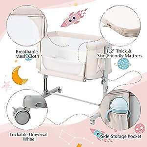 BABY JOY Bassinet Bedside Sleeper, 3 in 1 Folding Crib w/Adjustable Height, Mattress, Lockable Wheels, Storage Pocket & Carry Bag for Infant Newborn, Stationary & Rock, Portable Baby Bassinet (Beige)