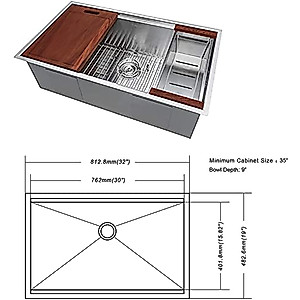 Hausinluck 32 inch Workstation Undermount Kitchen Sink, Stainless Steel Undermount Kitchen Sink 18 Gauge, Handmade Modern Single Bowl Deep Kitchen Sink with Ledge and Accessories (Pack of 5)