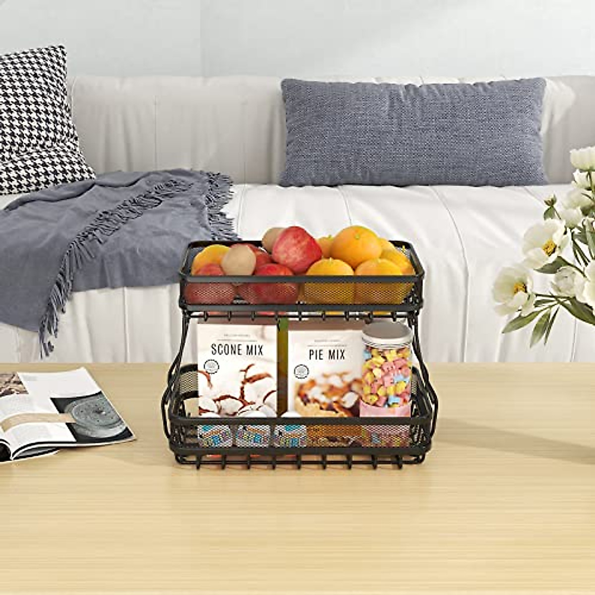 OKZEST 2 Tier Fruit Basket, Vegetable Fruit Basket Bowl for Kitchen Countertop, Metal Fruit Storage Stand Holder Organizer for Bread Snack Potato Onion Produce