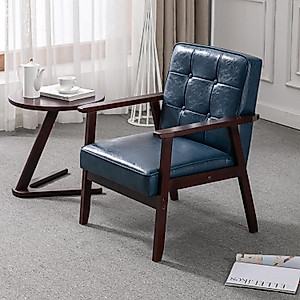 Okeysen Mid Century Modern Accent Chairs, Retro Wood and Leather Armchairs Side Chair, Lounge Reading Comfy Arm Chair for Living Room, Bedroom, Office (Blue)