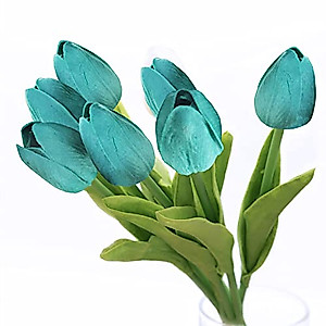 20 Pcs Artificial Turquoise Tulip Flowers Faux Tulip Stems PU Real Touch Tulips 12.8" Tall for Easter Spring Vase Wedding Bouquets Floral Arrangements Wreath Table Centerpiece Indoor Outdoor Decor