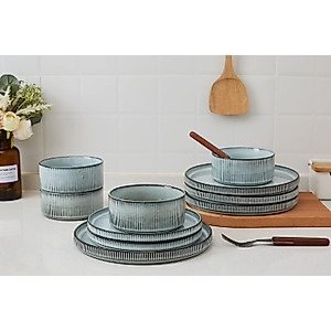 Famiware Star Dinnerware Sets, Plates and Bowls Set For 4, 12 Piece Dish Set, Smoky Blue