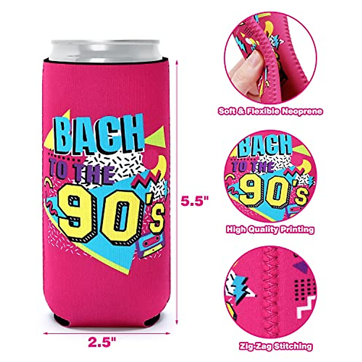 90s Bachelorette Party Can Sleeves 12 Pack Bach to the 90s Slim Can Covers Skinny Neoprene Drink Soda Can Bottles Holders for Retro Bridal Shower Party Supplies