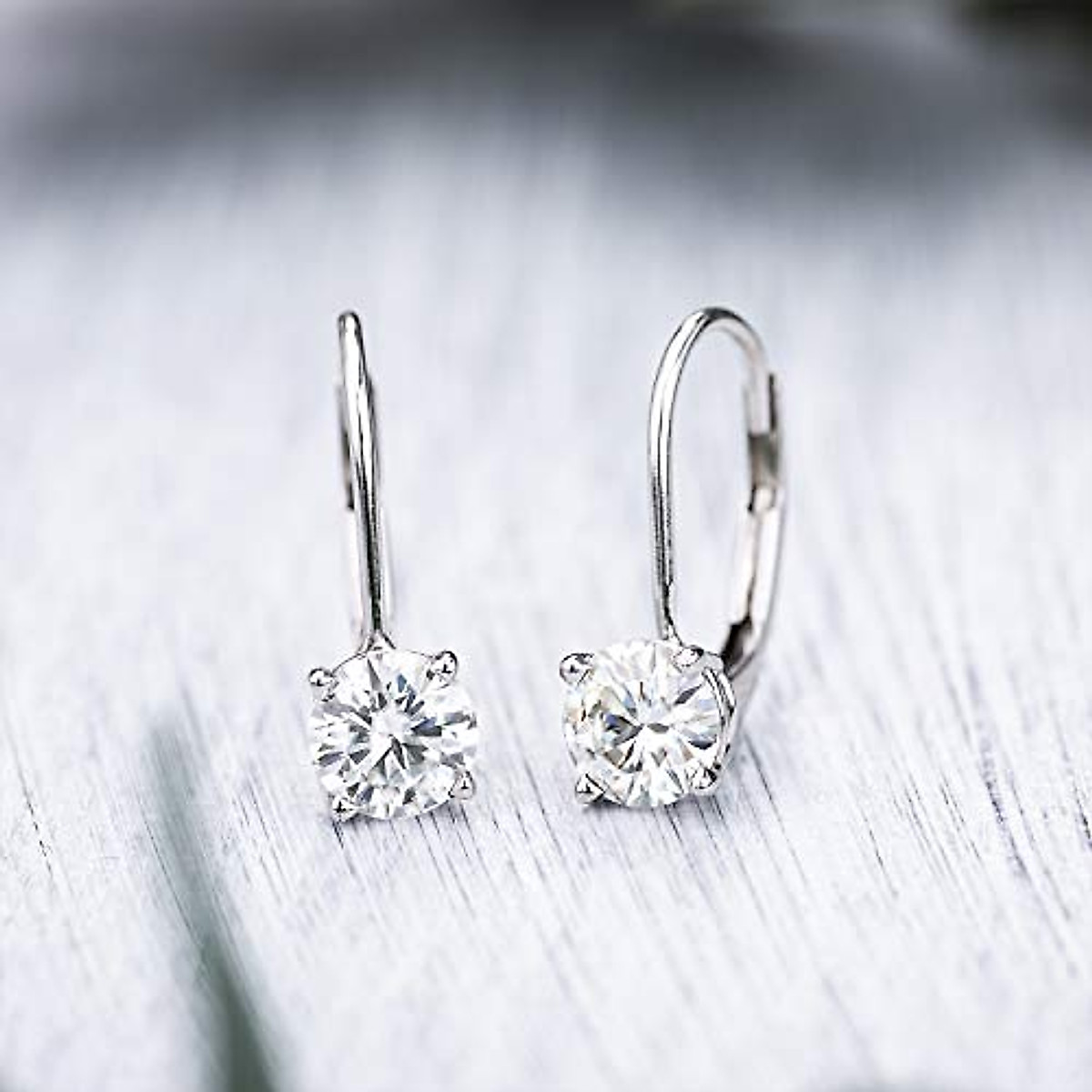 Charles & Colvard Created Moissanite 5mm Round Cut Leverback Drop Earrings for Women | 1 cttw DEW | Lab Grown | Solid 14K White Gold with Rhodium