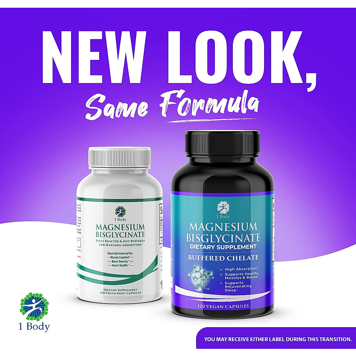 1 Body Magnesium Bisglycinate Supplement, 44 mg Pure Chelated Formula, 120 Capsules, Maximum Absorption, Muscle Cramp Relief