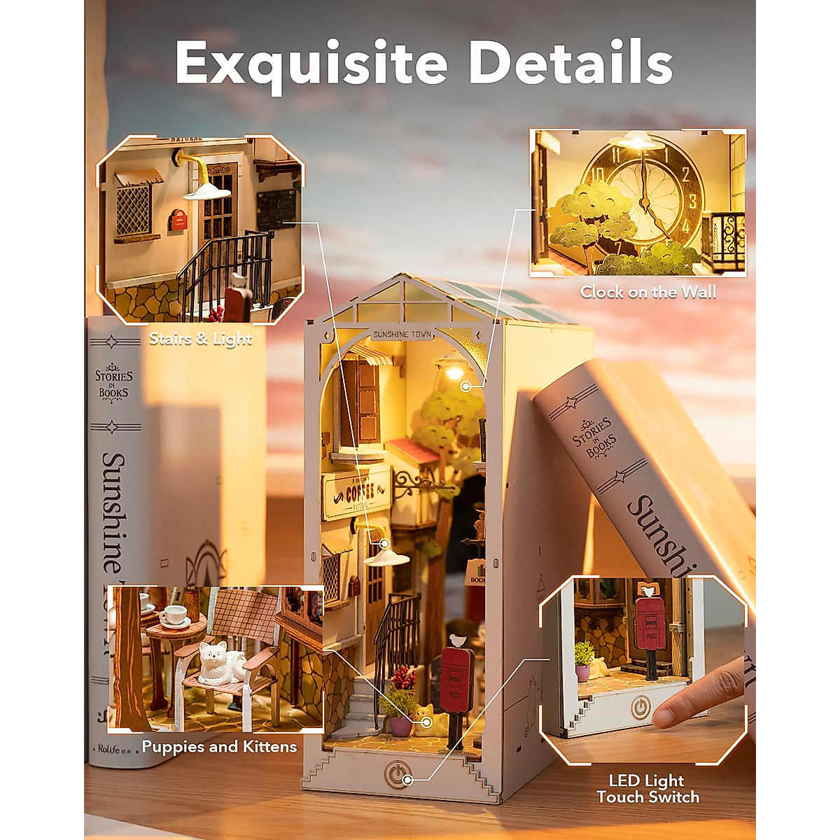 Rowood Book Nook Kits for Adults Bookshelf Insert Decor Alley 3D Wooden Puzzle Bookend DIY Craft Kits for Adults with LED Light - Sunshine Town