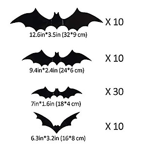 Coogam 60PCS Halloween Bats Decoration, 4 Different Sizes Realistic PVC Black 3D Scary Bat Sticker for Home Decor DIY Wall Decal Bathroom Indoor Hallowmas Party Supplies