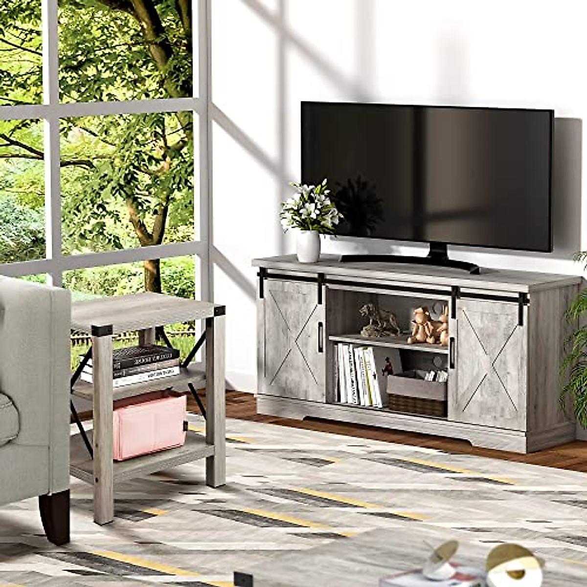 IDEALHOUSE Farmhouse End Table 18.1" Sofa Side End Table for Living Room 3-Tier Industrial Gray Storage Nightstand Table with Removable Middle Shelf (Used as 2-Tier Table) Easy Assembly X Metal Frame