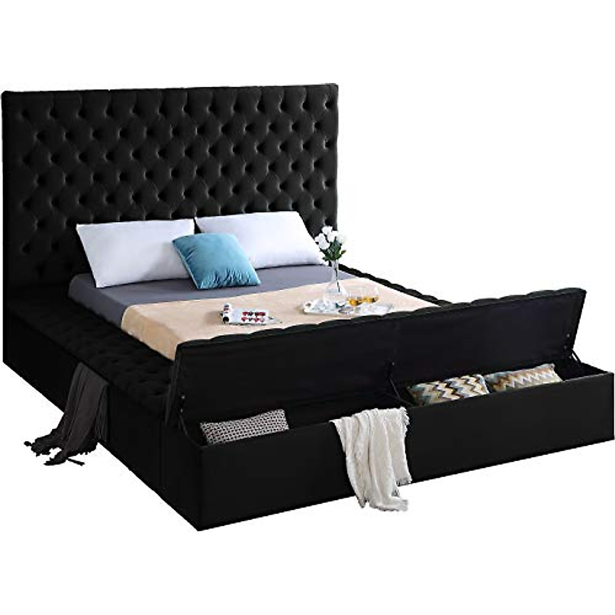 Meridian Furniture Bliss Collection Modern | Contemporary Velvet Upholstered Bed with Deep Button Tufting and Storage Compartments in Rails and Footboard, Black, King