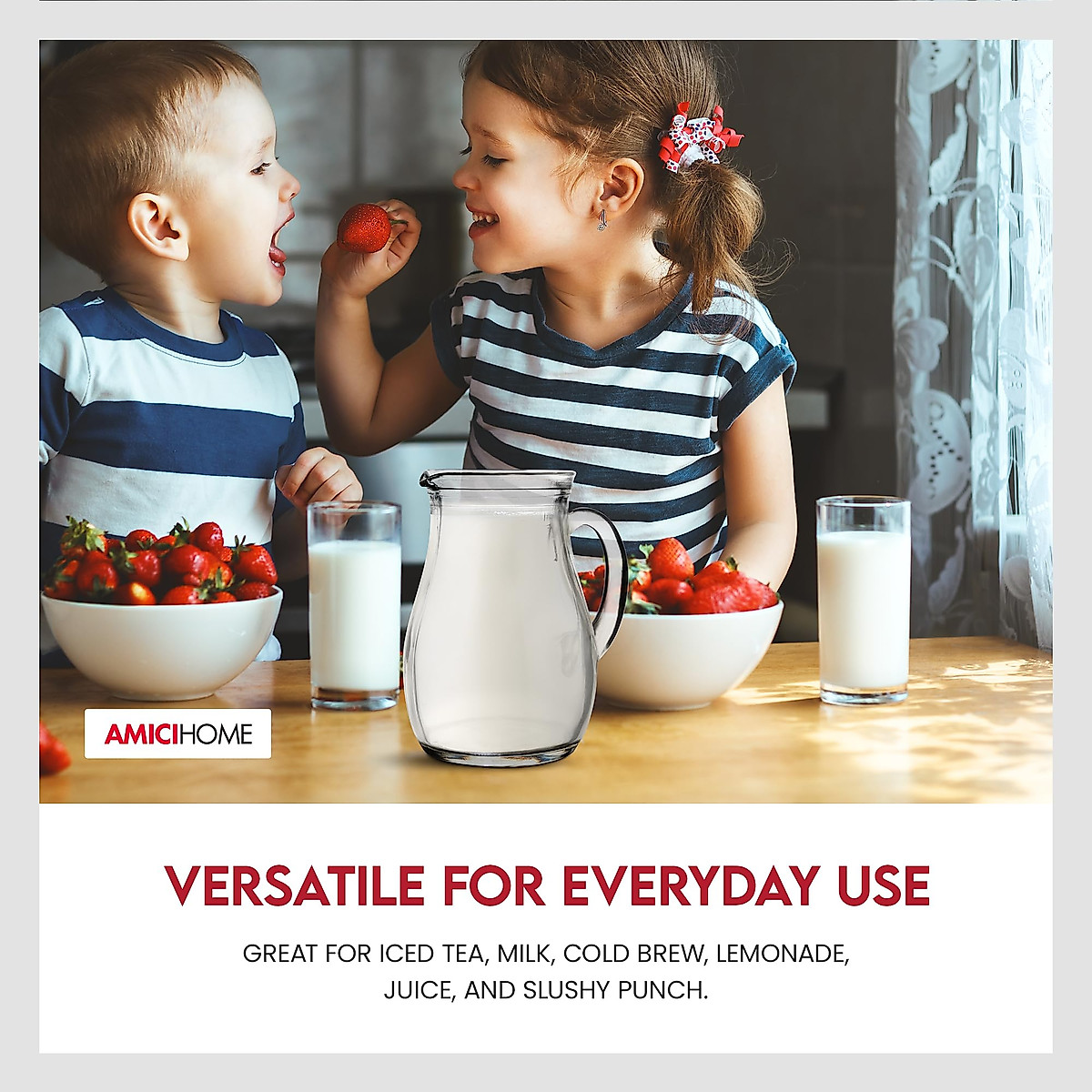 Amici Home Roxy Glass Water Pitcher with Handle and Spout | Round Jug with Ice Lip | Great for Iced Tea, Sangria, Lemonade, Juice | Made in Italy (Small)