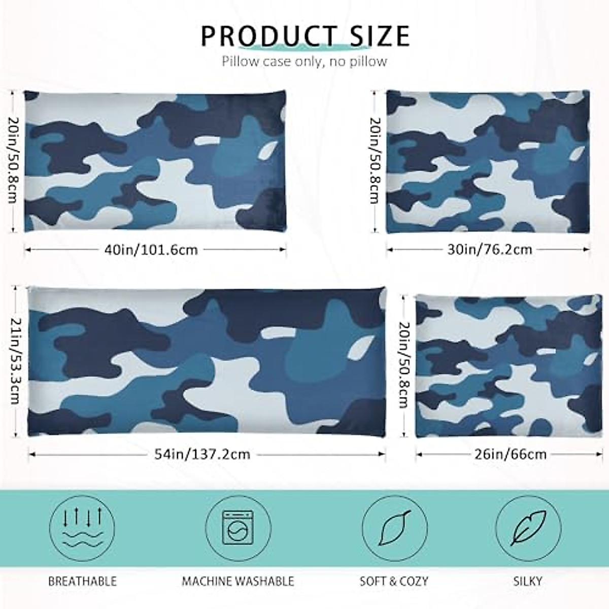 Blue Camouflage Pillowcase for Hair and Skin Body Pillow Cover Body Pillow Case King Size 20"X 40" Long Pillow Cases with Zipper for Body Pillows