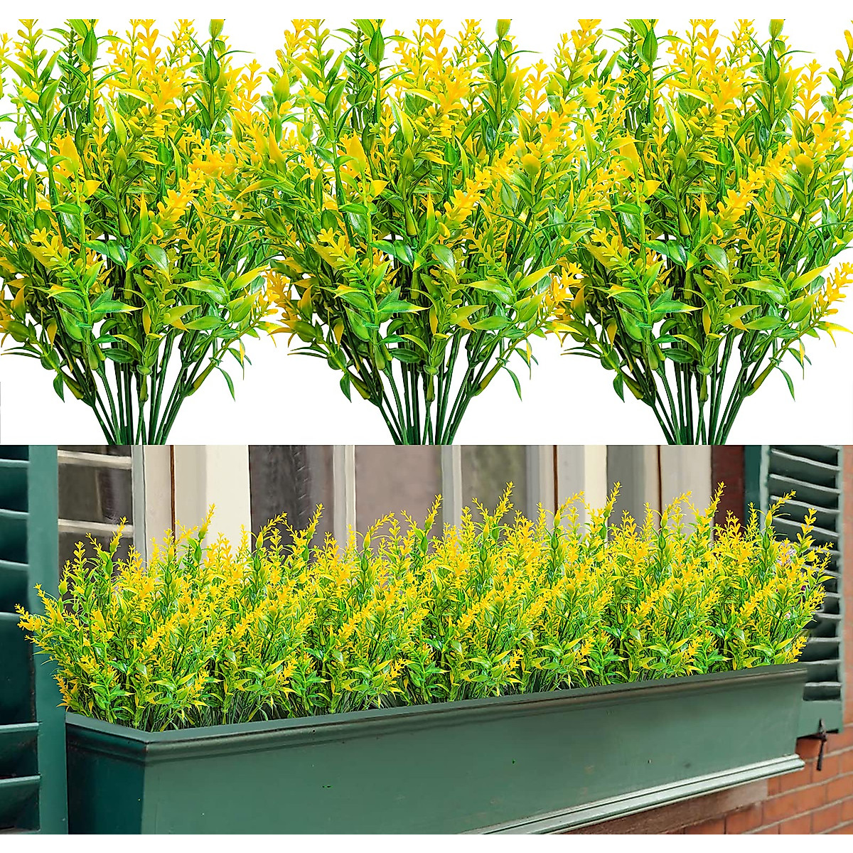 AUMVEYI 4 Bundles Artificial Lavender Mums Flowers Outdoor Fake Plants UV Resistant Faux Greenery Plastic Bouquet Bulk Decoration for Home Outside Garden Porch Hanging Planter Farmhouse Decor (Yellow)