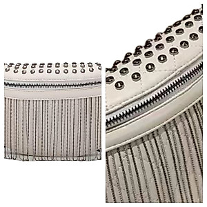 IAMUHI Women Vegan Leather Cross Chest Bag Rivets Fringed Shoulder Handbag Purse Waist Bag,White