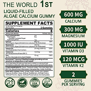 Plant Based Calcium Supplement 600mg with Vitamin D3 K2, Zinc for Bone Strength, Sustainably Sourced Algae Calcium Magnesium 2:1 Ratio, Sugar Free Calcium Gummies 70+ Trace Minerals, Vegan, 60 Counts