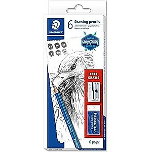 STAEDTLER Mars Lumograph Art Set | 6 Assorted Sketch Pencils For Drawing, Polymer Block Eraser and Metal Sharpener 61 100C8LU