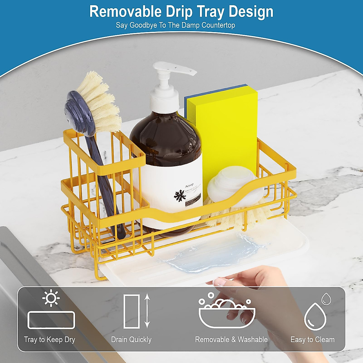 Sponge Holder Kitchen Sink Caddy Organizer, Sponge Holder for Kitchen Sink with Brush Storage, 304 Stainless Steel Black Dish Soap Holder Rack with Removable Drain Tray - Not Included Dispenser, Brush