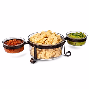 BIRDROCK HOME Chip and Dip Serving Bowl Set - Triple Glass Bowls with Metal Frame - Salsa Appetizer Party Serveware - Veggie, Shrimp, Guacamole, Chips and Taco Platter - Party Size - Compact Storage