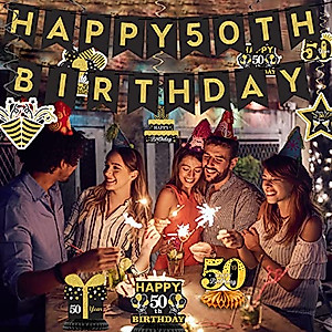 50th Glitter Black Gold Birthday Banner Party Decorations, Happy 50th Birthday Decorations Hanging Swirls Banner Honeycomb Centerpieces for Men Women Happy 50 Years Old Bday Party