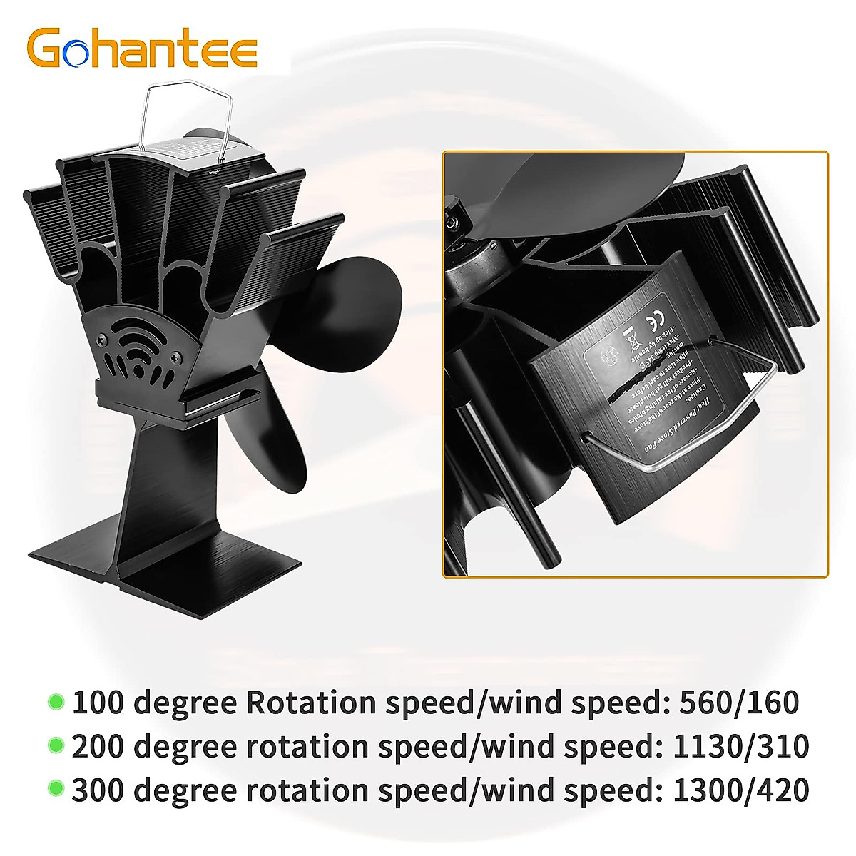 Wood Stove Fan Heat Powered Stove Fan with Thermometer, 4-Blade Fan Start Silent for Wood Fireplace Log Burner Increases Warm Friendly and Efficient