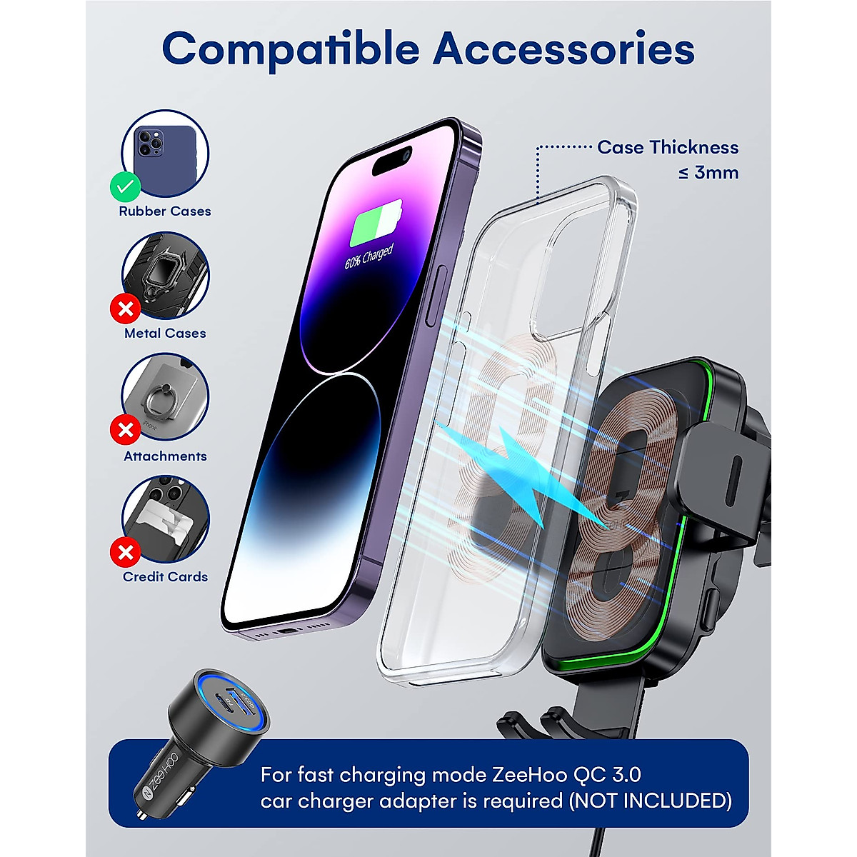 Wireless Car Charger, ZEEHOO DUOXX Dual Coils 15W Fast Charging Auto-Clamping Car Mount, Dashboard, Vent Charging Phone Holder Smart Sensor Cradle for iPhone 15 14 13 12, S23 Ultra, Z Flip4 3, etc