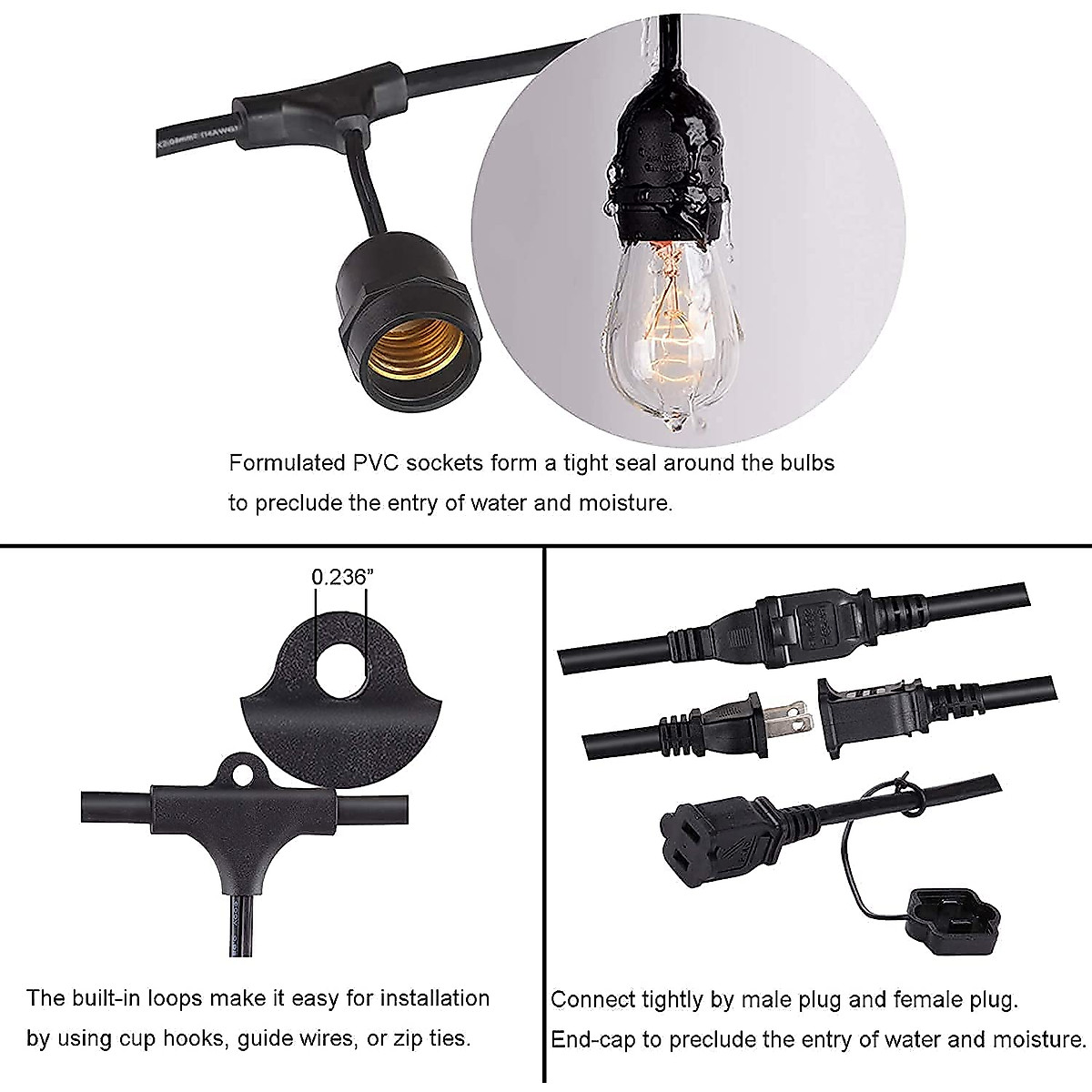 Joursdela 96FT 2-PACK outdoor string light 30 Incandesent edison string light ST14 clear bulb linkable and dimmable for patio, bistro garden Christmas decor