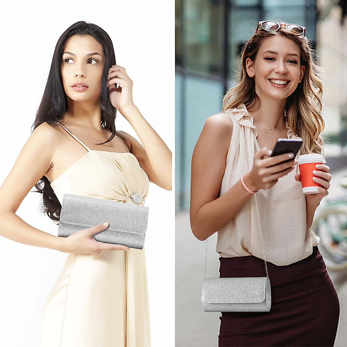 Rdanruy Women Crystal Jewelry Set,Glitter Rhinestone Stretch Bracelet Necklace Dangle Fringe Earrings with Evening Bag for Wedding Party