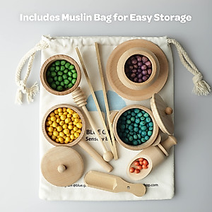 Blue Ginkgo Sensory Bin Tools – Montessori Fine Motor Skills Learning Set for Toddlers and Kids Pretend Play [9 PC] Kitchen Wooden Set with Scoops, Bamboo Tongs