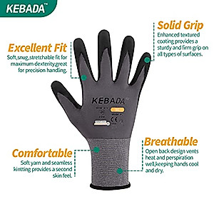 Kebada W2 Work Gloves for Men and Women, Touchscreen Working Gloves with Grip, Nitrile Coated Work Gloves for Gardening, Package Handling, Stretchy Gloves for Mechanic Work, 2 Pairs, Small