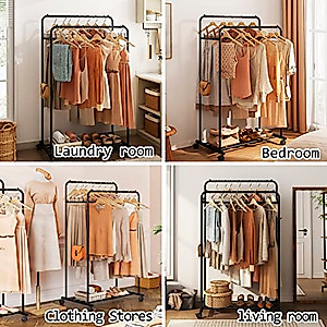 Hoctieon Double Rod Garment Rack,Clothes Rack on Wheels,Portable Clothing Racks for Hanging Clothes,Closet Hanger Rack with Shelves Black