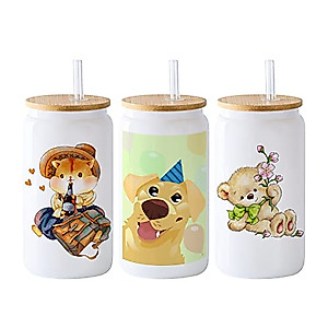 YOUKE OLA 12 Pack Sublimation Blank White Glass Cans Sublimation Beer Glass Cups with Bamboo Lids Borosilicate Glasses Tumbler Mason Jar Cups Mug with Glass Straw for Beer, Juice, Drinks 16oz White