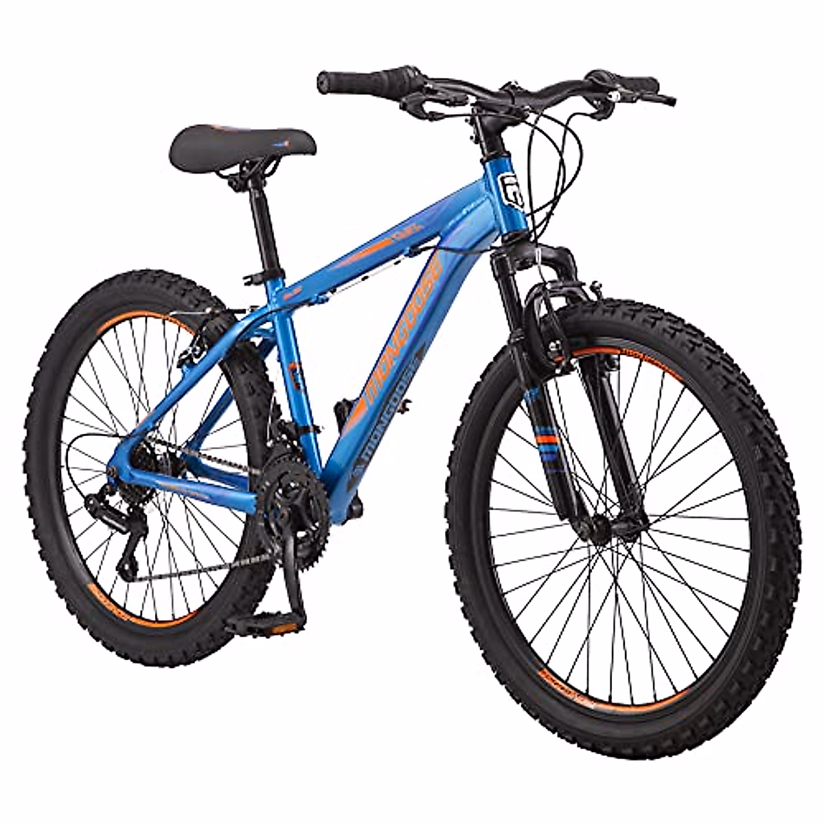 Mongoose Flatrock 21-Speed Hardtail Mountain Bike, 24-Inch Wheels, for Boys Girls Men and Women, Front Suspension, 14.5-Inch Lightweight Aluminum Frame, Blue