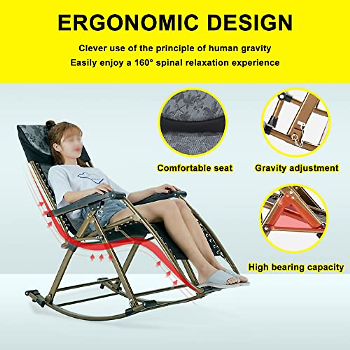 REBOTZ Rocking Chair Lounge Chair Wicker Chair Folding Office Lunch Break Chair Home Leisure Cool Chair Sun Lounger Living Room Lounge Arm Chair, for Living Room Bedroom Offices 1 Black