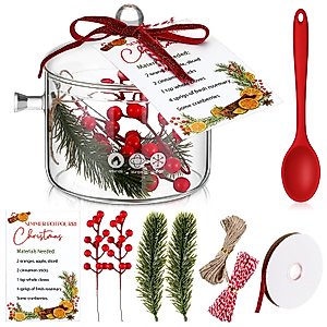 Baderke Christmas Simmer Pot Gift 50 oz Glass Cooking Festive Saucepan Pots with Christmas Card Artificial Red Berries Pine Needles Handmade Cotton Rope Red Ribbon Stirring Spoon for DIY Xmas Gift