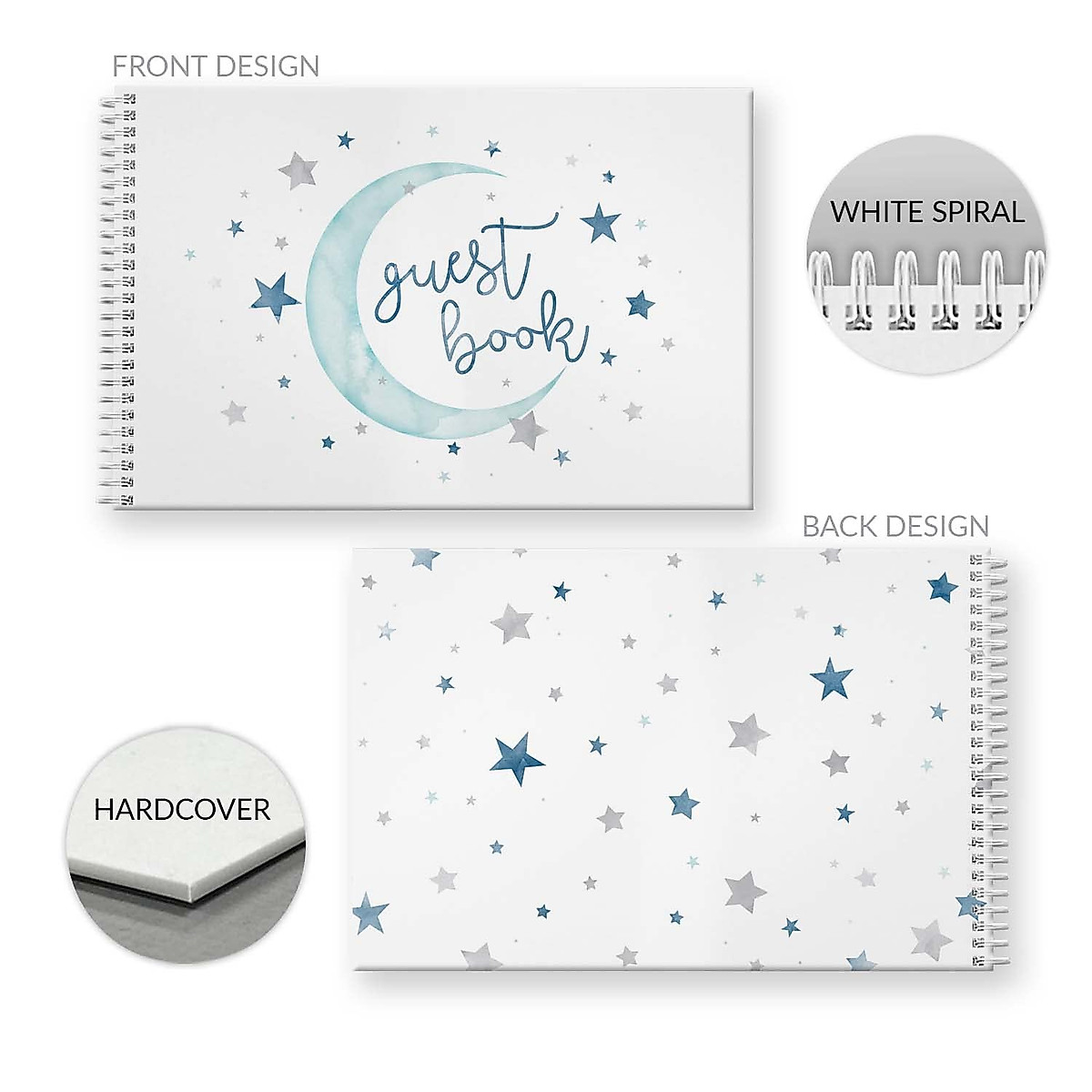 Hardcover Starry Delight Baby Shower Guestbook / 120 Lined Guest Signature Pages Inside / 5.5" x 8.5" Landscape Lay Flat Gender Neutral Guest Book/White Metal Spiral Binding