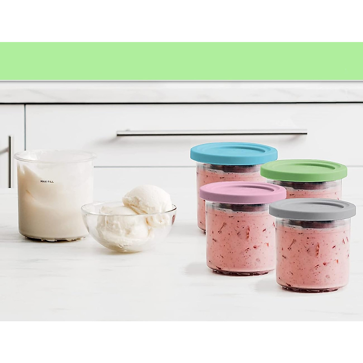 Litex Ninja Creami Pints 4 Pack，Creami Pints and Lids for Ninja，Smoothie Pot Compatible with NC299AMZ & NC300s Series Creamer Ice Cream Maker Machine，Dishwasher Safe, W/ 4X Spoon, 1 Marker and Sticker