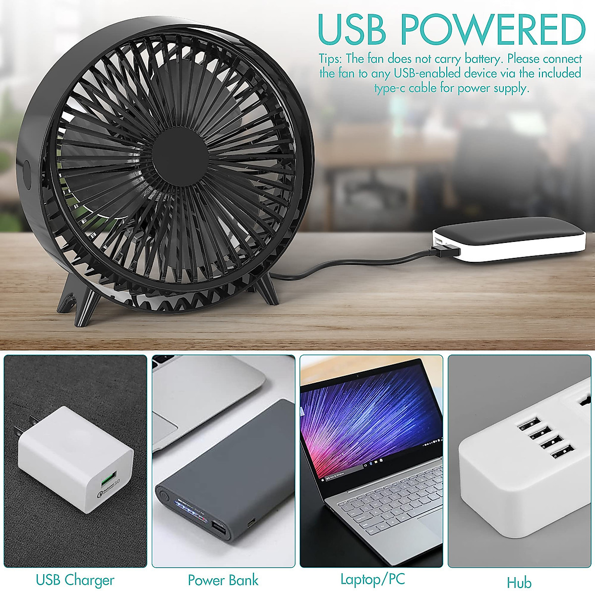 PFLANZENHAU 7.3 Inch USB Desk Fan, 360° Pivot, 3 Speeds, Quiet but Powerful, Portable Personal Table Fan for Better Cooling for Home Office Dorm Outdoor