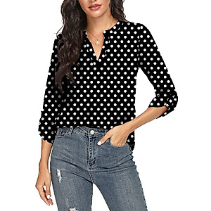 NILOUFO Womens Casual Summer Shirts Notch V Neck Blouses 3/4 Roll Sleeve Tops Tunics(Polka Dot Black, Large)