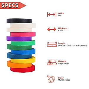 DOAY Colored Masking Tape 1/2" x 15 Yard - Multi Color - Multi Surface Use - 12 Bright Colors