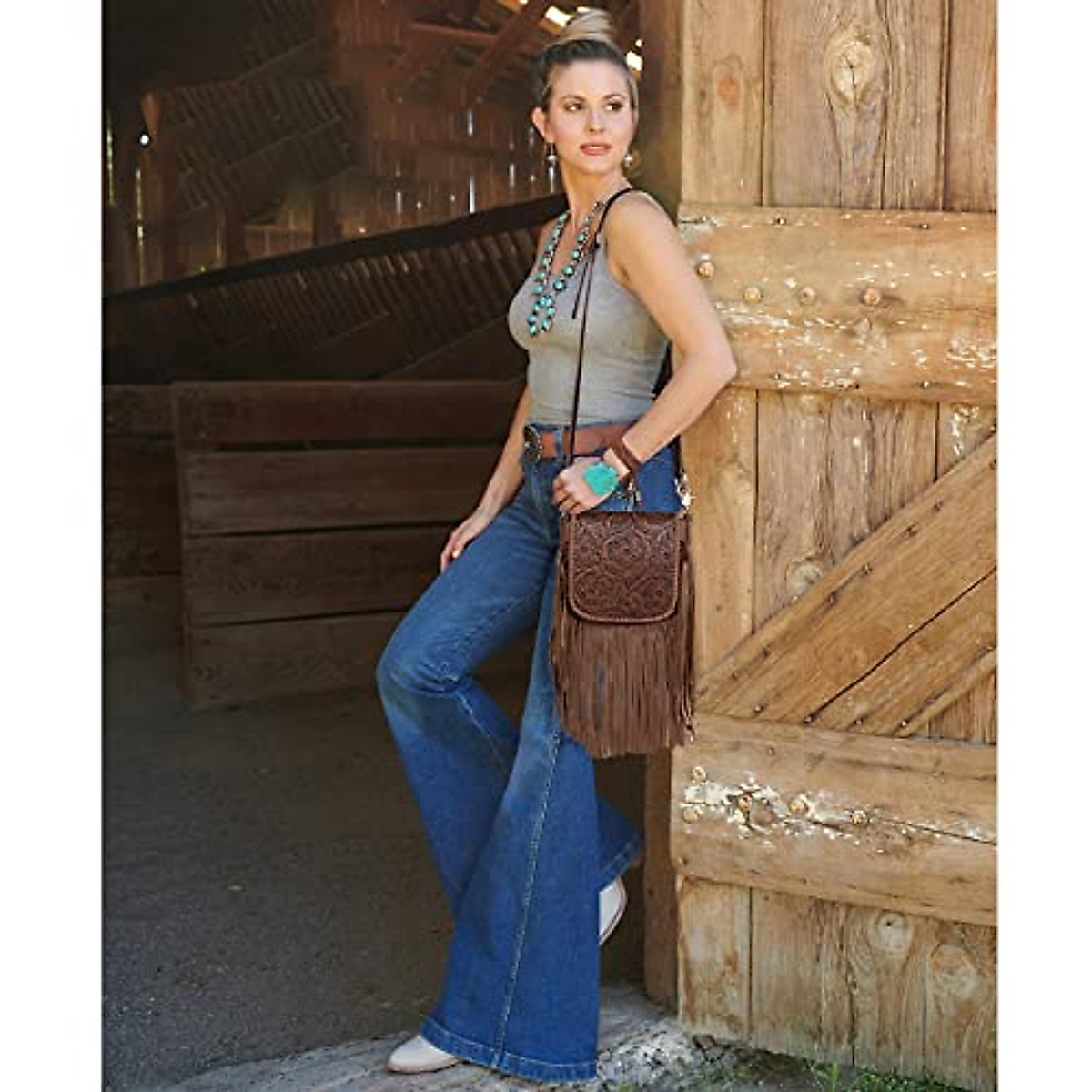 Women's Crossbody Handbags Western Purses for Women Small Crossbody Bags Tooled Leather Fringe Purse Brown RLC-L159BR