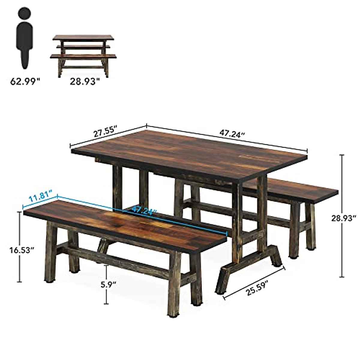 Tribesigns 47 Inch Dining Table Set for 4, 3-Piece Kitchen Table Set with 2 Benches, Industrial Dining Room Table with Metal Frame, Space-Saving Dinette for Dining Room Small Spaces, Brown
