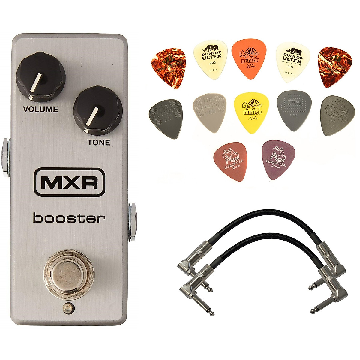 MXR M293 Booster Mini Guitar Effects Pedal Bundle with 2 Patch Cables and Dunlop Pick Pack