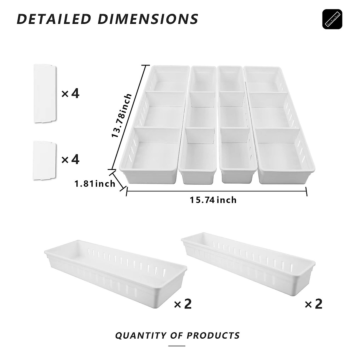 Sarajoye 4 - Piece Adjustable Flatware Cooking Utensil Organizer for Kitchen Drawers - Expandable 13 Slots Silverware Drawer Organizer Tray Holder for Organization Storage (2 Large + 2 Small, White)