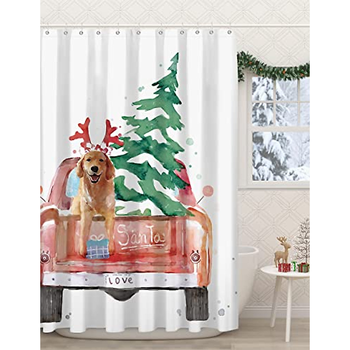 SUMGAR Christmas Shower Curtain for Bathroom Tree Holiday Fabric Cloth Winter Funny Dog Red Truck Shower Curtains Set with Hooks 72 x 72 inch