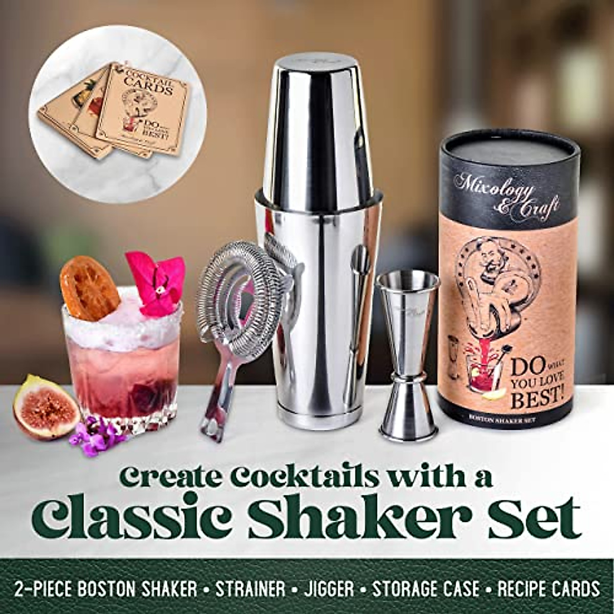 Mixology Cocktail Shaker Boston Shaker Set Professional Weighted Martini Shakers, Strainer and Japanese Jigger, Portable Bar Set for Drink Mixer Bartending, Exclusive Recipes Cards (Silver)