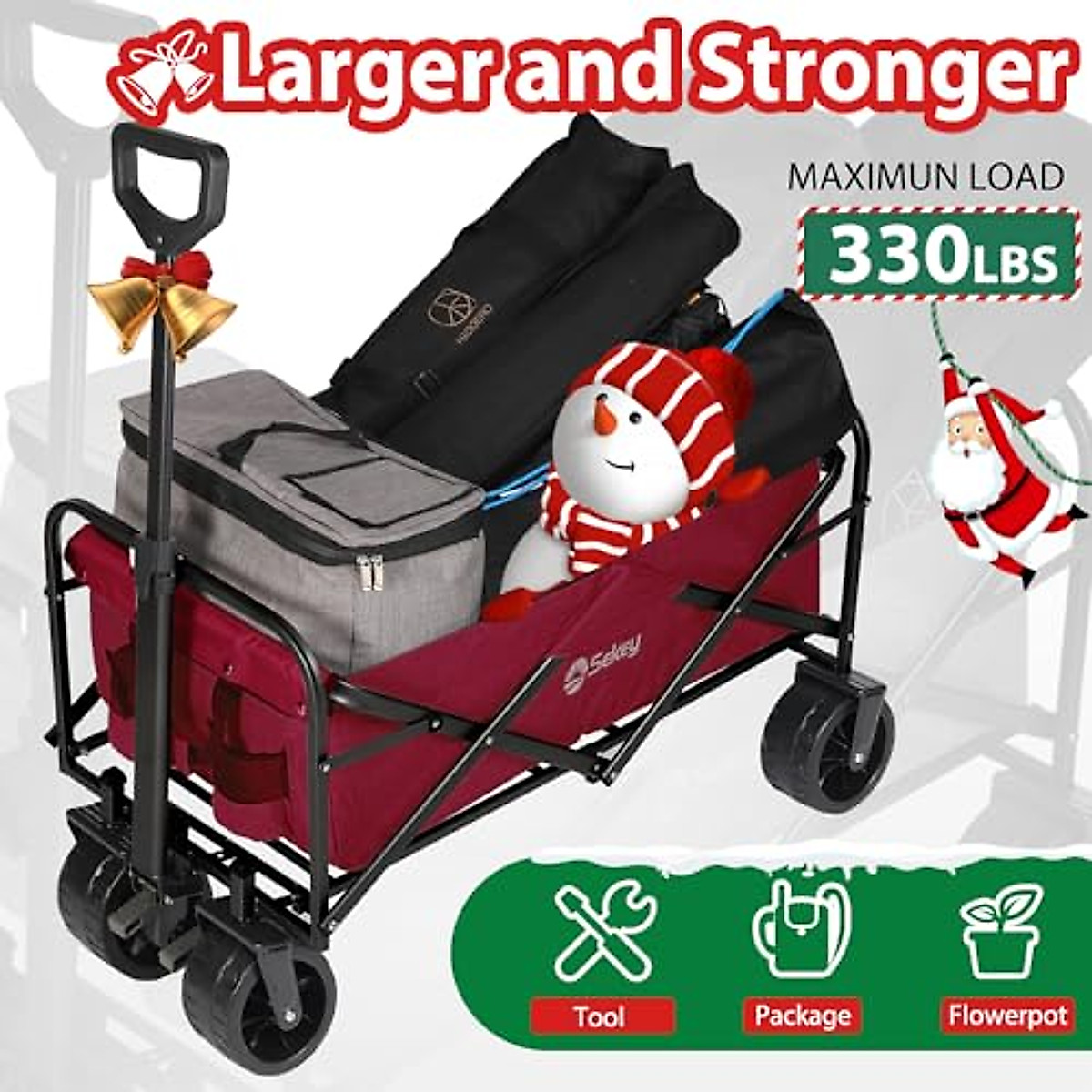 Sekey Heavy Duty Foldable Wagon with 330lbs Weight Capacity, Collapsible Folding Utility Garden Cart Big All-Terrain Beach Wheels & Drink Holders.Red