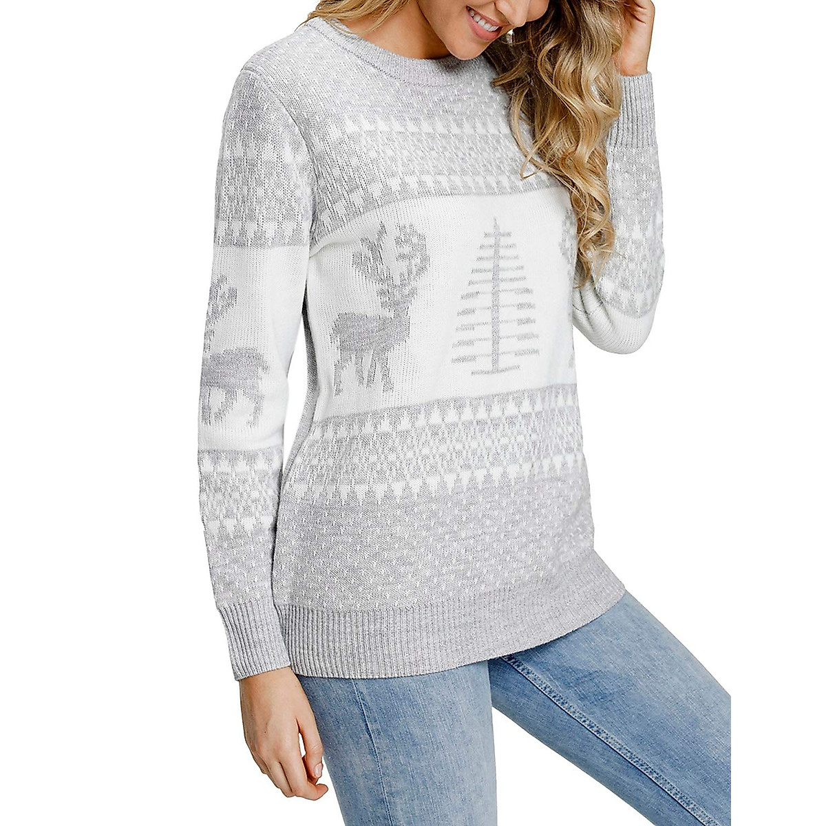LookbookStore Women's Grey Long Sleeves Ugly Christmas Tree Reindeer Winter Holiday Knit Sweater Pullover Size S 4 6