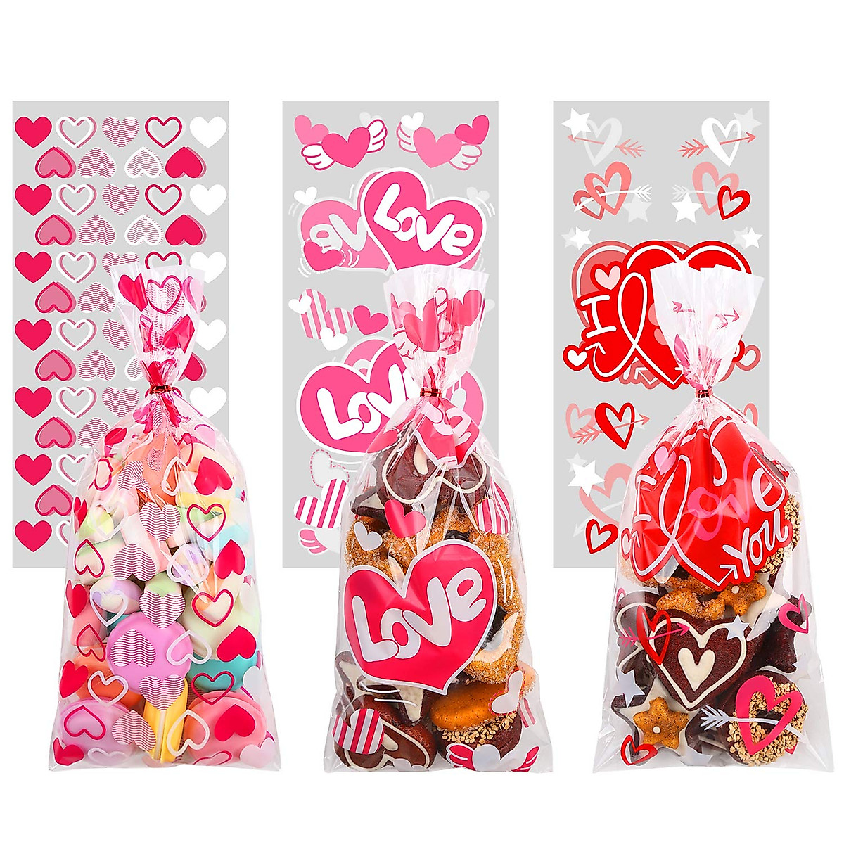 DIYASY Valentine Cellophane Candy Bags,150 Pcs Treat Bags Heart and Love Shape Goodie Bags with 180 Twist Ties for Valentine's Day Party Favor